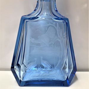 Vintage Glass Decanter Blue Etched Glass With Stopper Wild Turkeys or ...