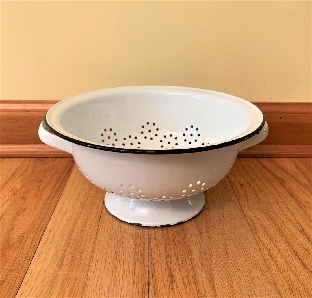 Vintage Enamelware Colander - White With Black Trim - Two Handles and ...