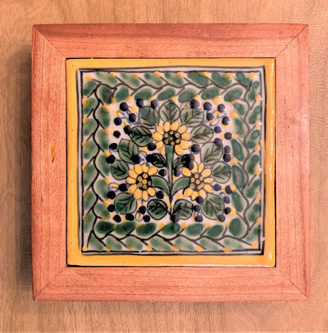 Vintage Trivet - Tile Wood Cork - Cobalt Blue Green Yellow - Sunflowers ...