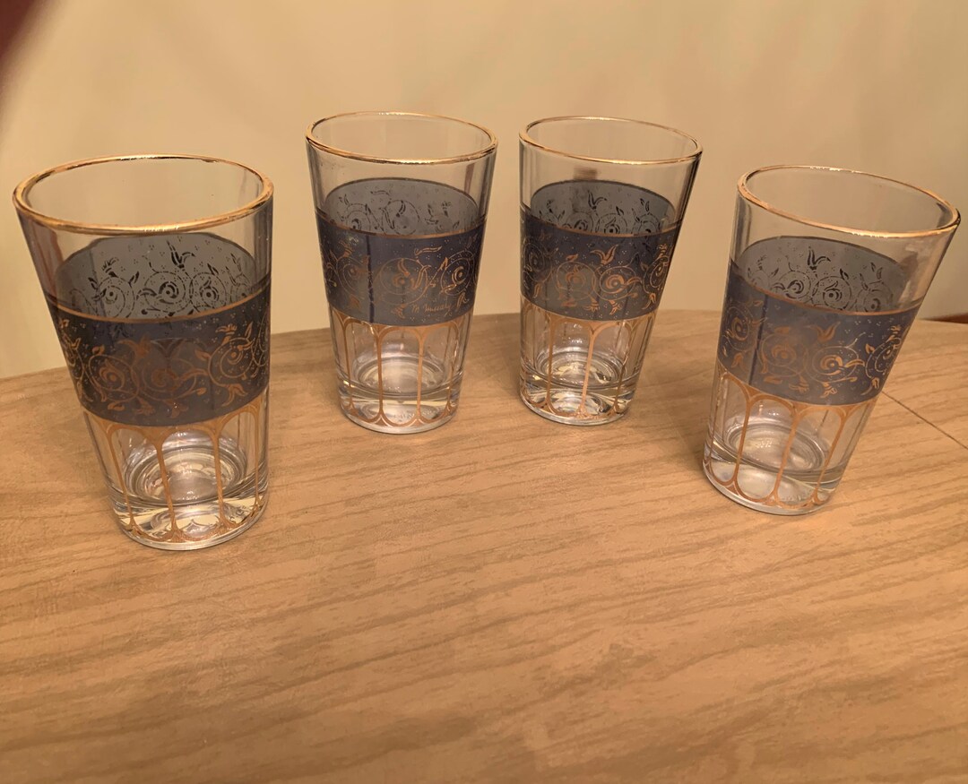 Vintage Bar Glasses Blue Gold Mid Century Barware France - Etsy