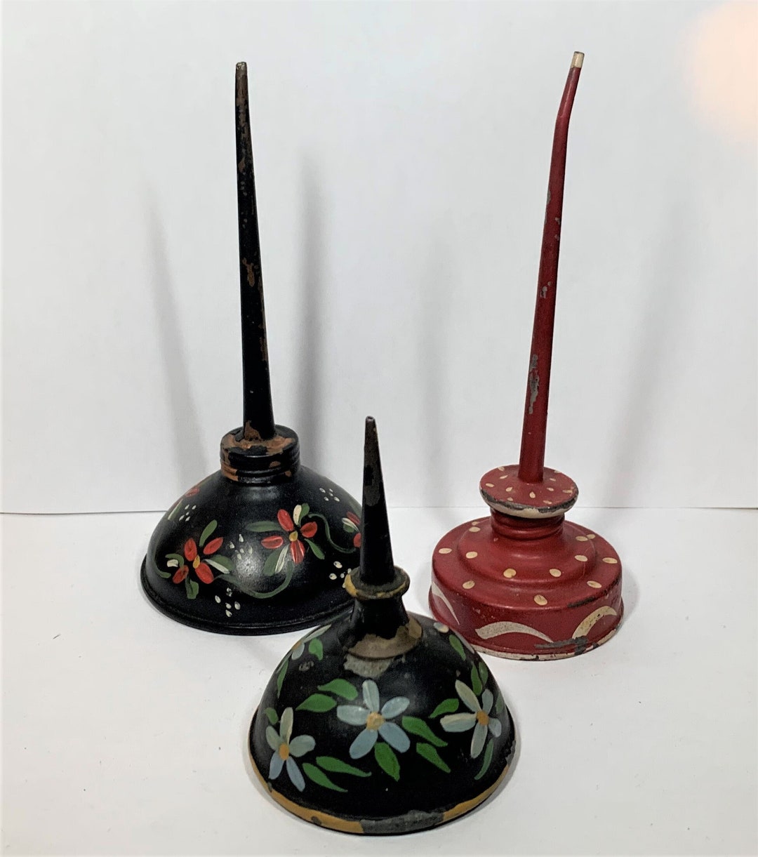 Vintage Metal Oil Cans SMALL Hand Painted Folk Art Black and Red Floral ...