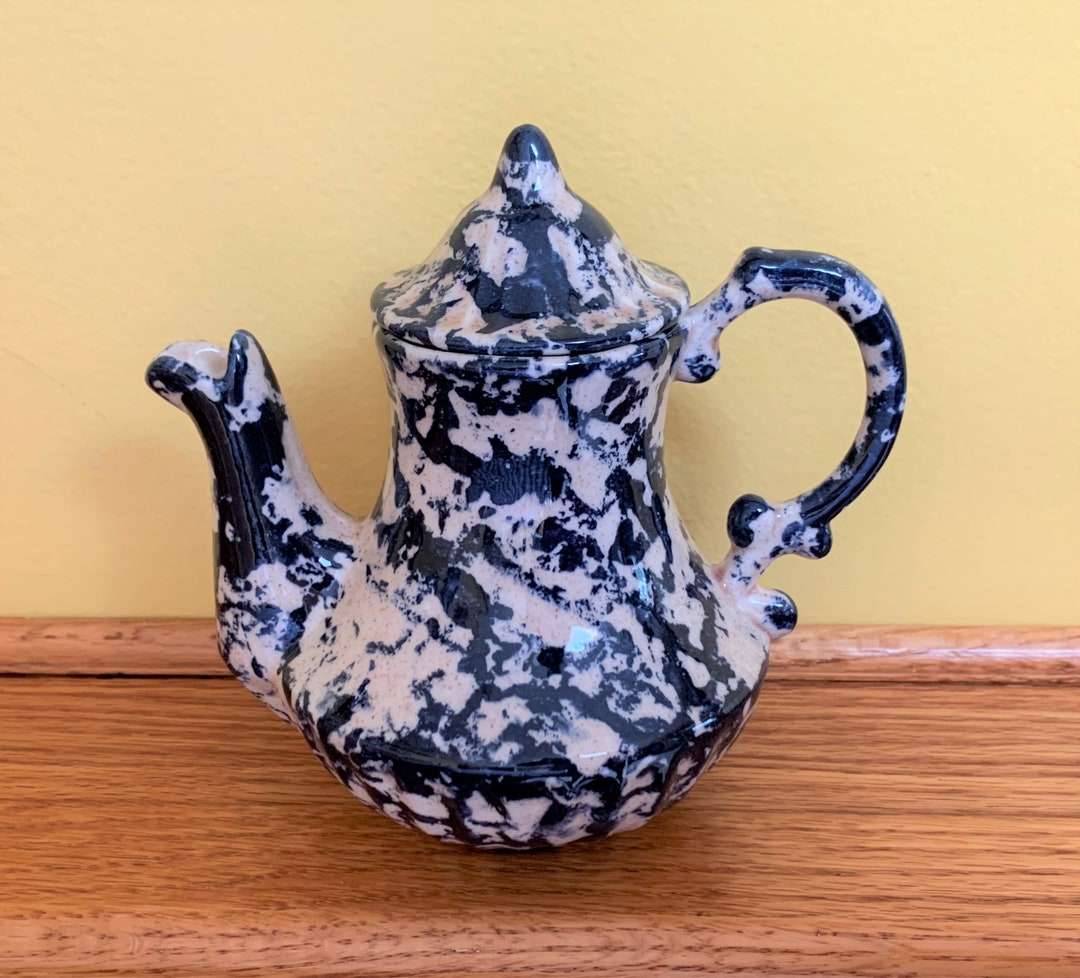 Vintage Spongeware Teapot SMALL Blue White Ceramic Splatterware ...