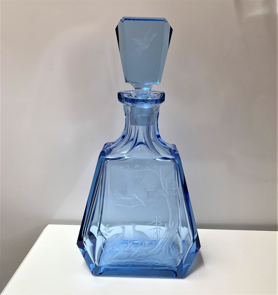 Vintage Glass Decanter Blue Etched Glass With Stopper Wild Turkeys or ...