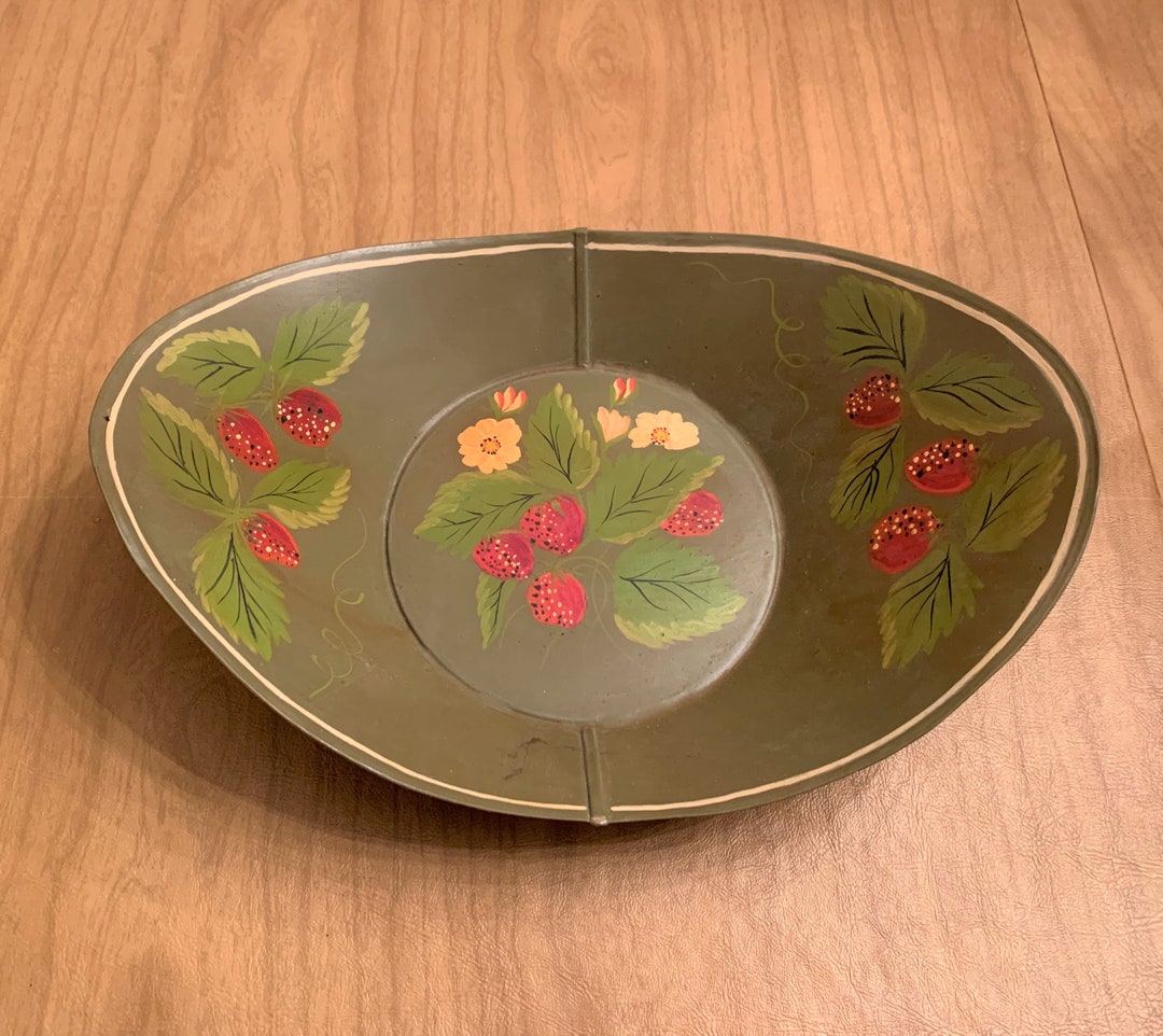 Vintage Tin Bowl - Hand Painted - Green - Strawberries and Flowers - Etsy
