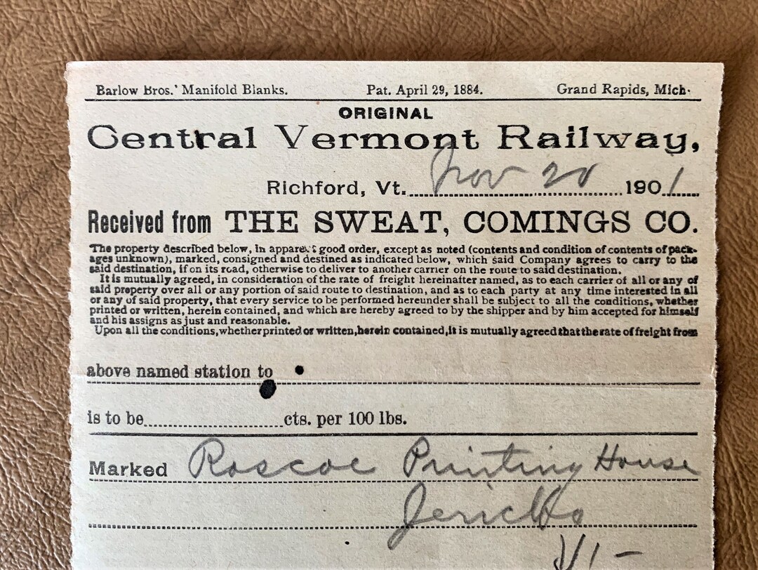 Antique 1901 Central Vermont Railway Receipt the Sweat Comings Co ...