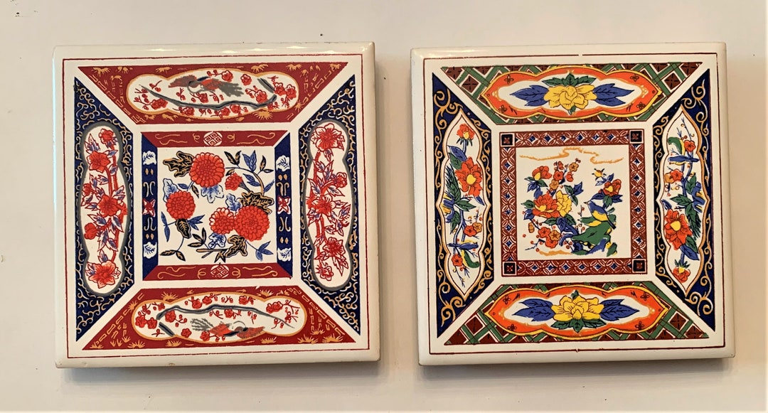 Vintage Tile Trivets SMALL Colorful 4 1/4 X 4 1/4 Asian Design Set of 2 ...