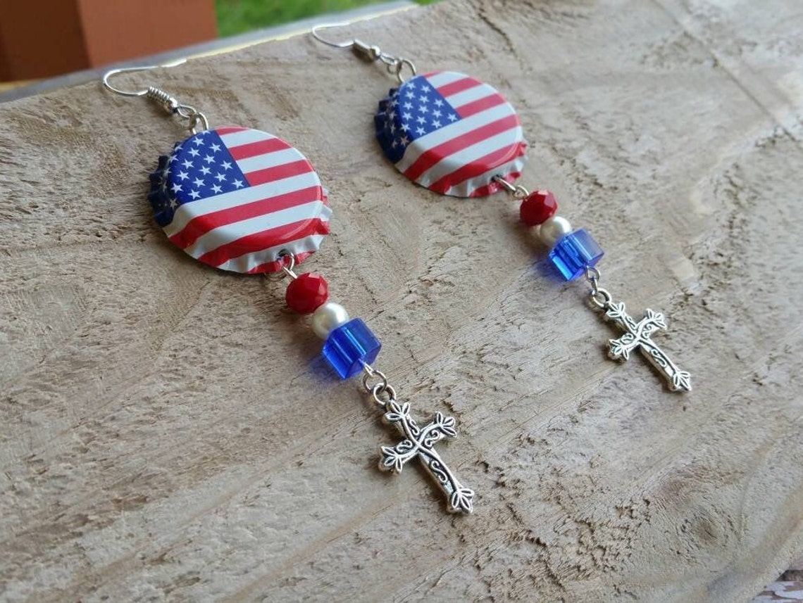 American Flag Earrings with Cross USA Earrings Patriotic | Etsy