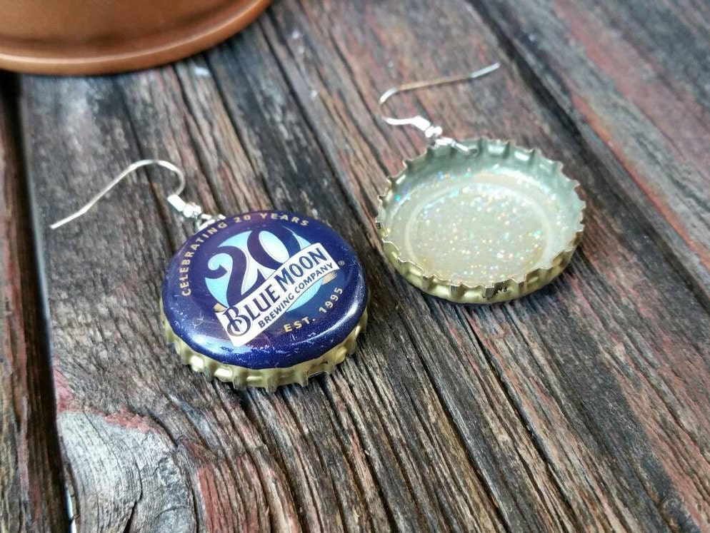 Blue Moon Beer Earring, Bottle Cap Earrings, Beer Jewelry, Drinking ...