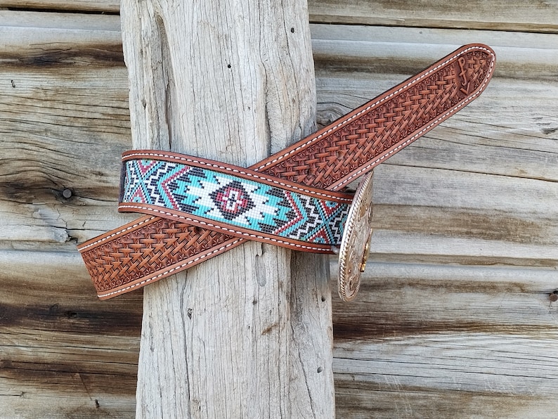 Western Leather Beaded Belt - Etsy