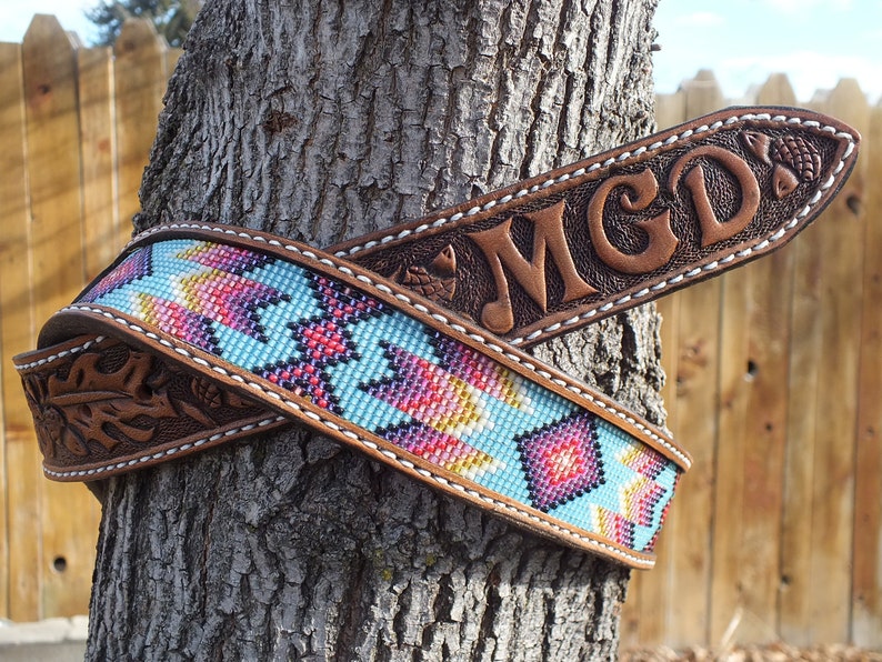 Western Leather Inlay Beaded Belt | Etsy
