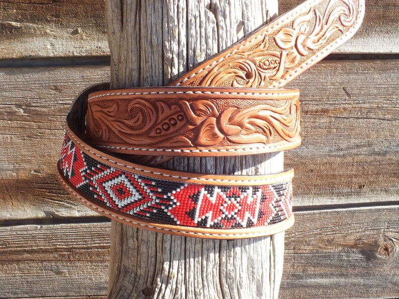 Western Leather Beaded Inlay Belt | Etsy