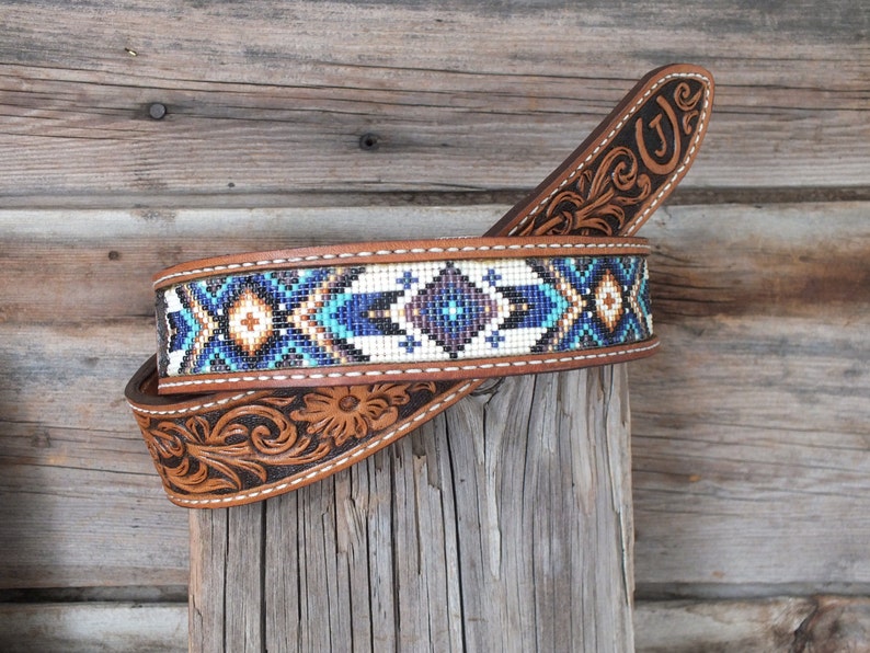 Western Leather Inlay Beaded Belt | Etsy