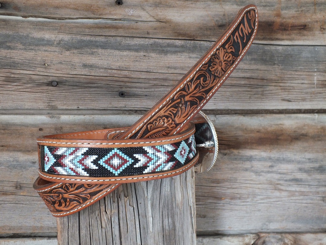 Western Leather Inlay Beaded Belt - Etsy