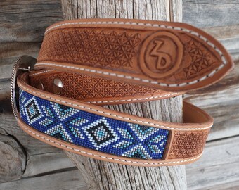Western Inlay Leather Beaded Belt | Etsy