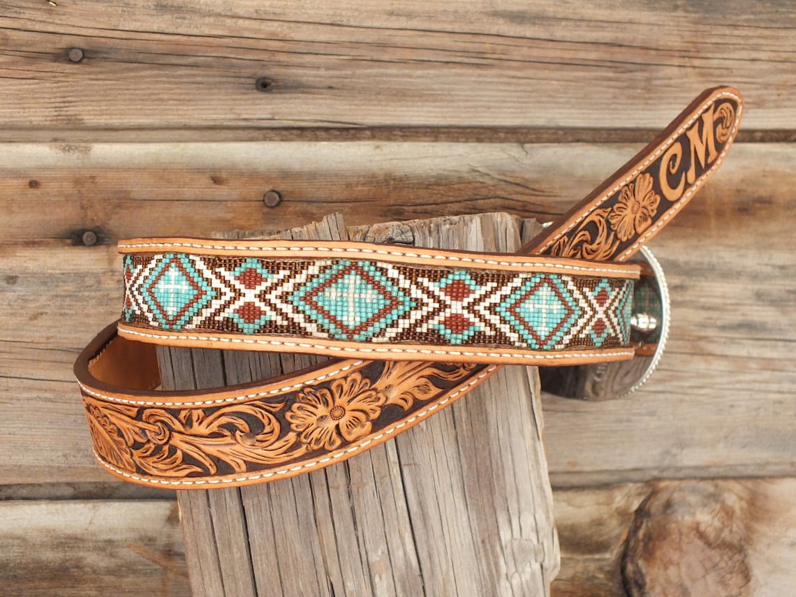 Western Leather Inlay Beaded Belt - Etsy