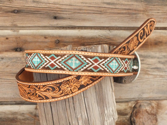 Western Leather Inlay Beaded Belt - Etsy