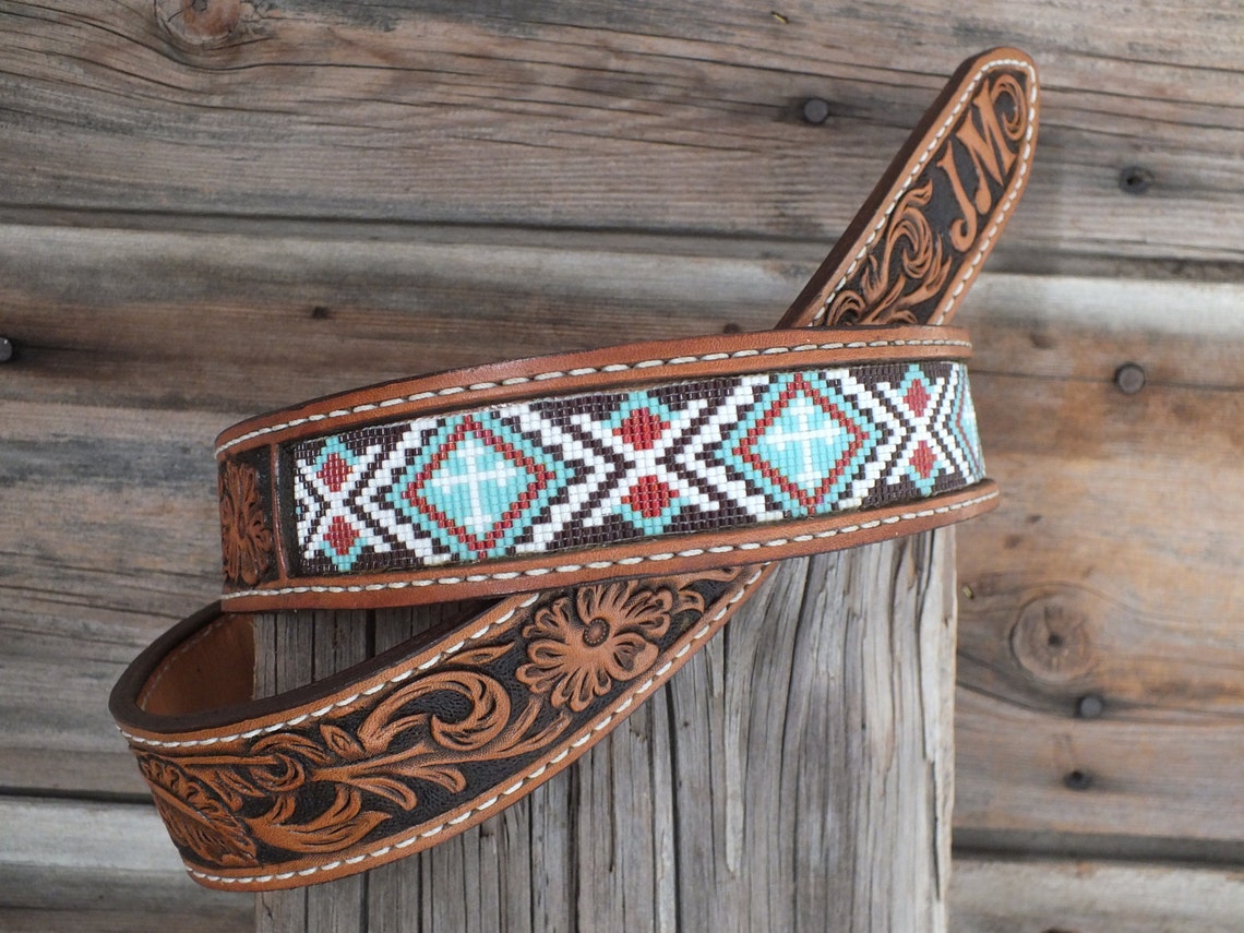Western Leather Inlay Beaded Belt - Etsy