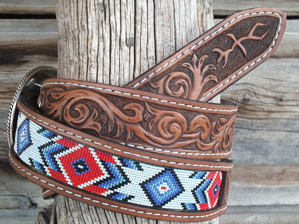 Western Inlay Leather Beaded Belt - Etsy