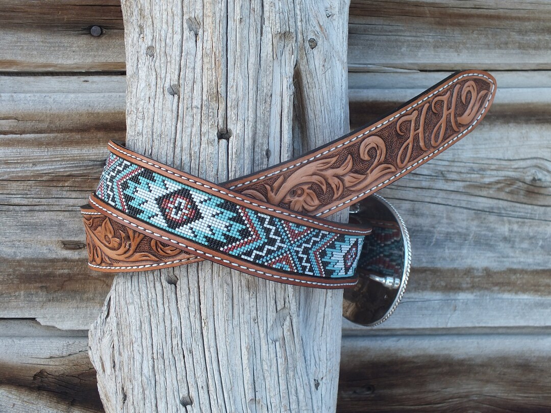 Western Leather Inlay Beaded Belt - Etsy