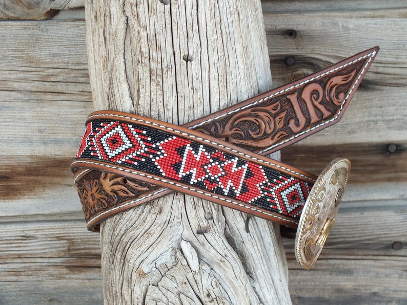 Western Leather Beaded Inlay Belt | Etsy