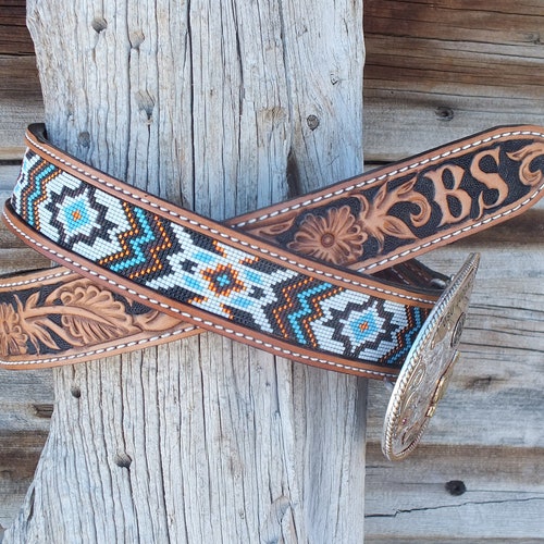 Western Leather Inlay Beaded Belt - Etsy