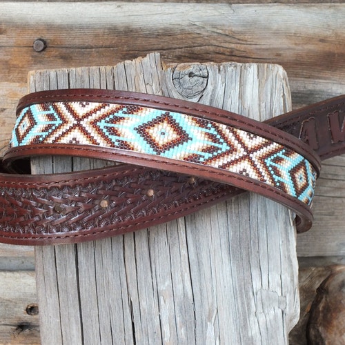 Western Leather Inlay Beaded Belt - Etsy