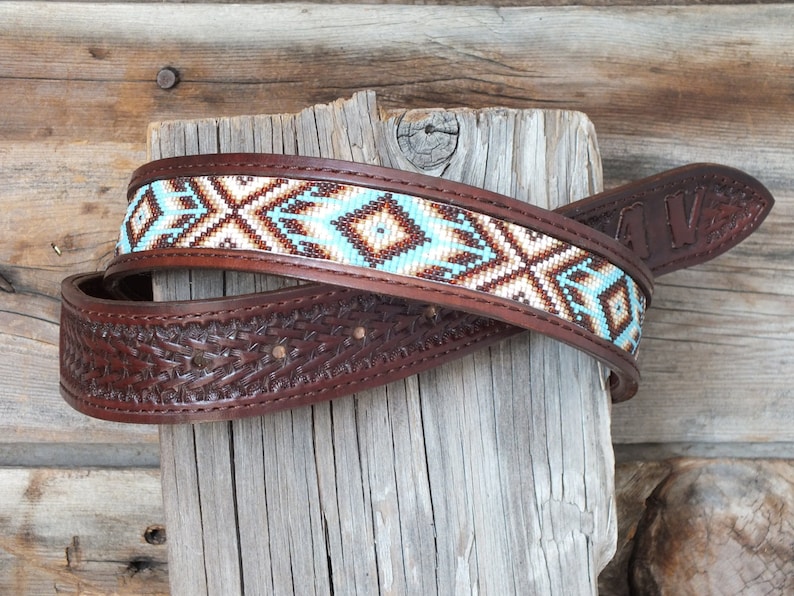 Western Leather Inlay Beaded Belt - Etsy