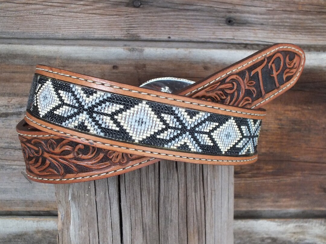 Western Leather Beaded Inlay Belt - Etsy