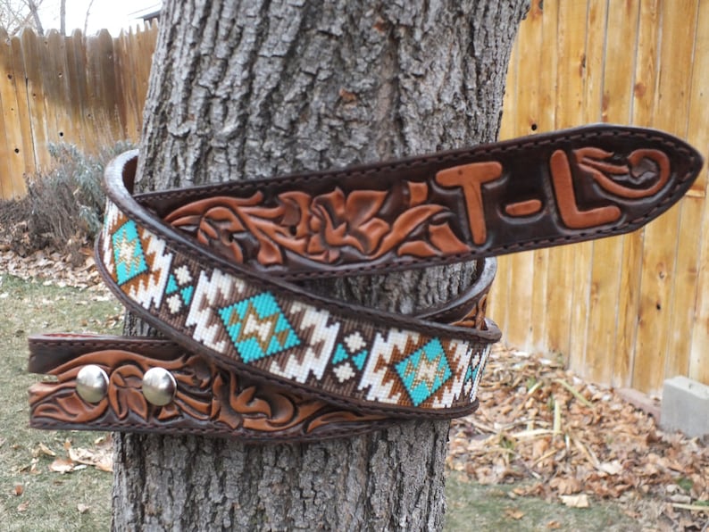Western Leather Inlay Beaded Belt | Etsy