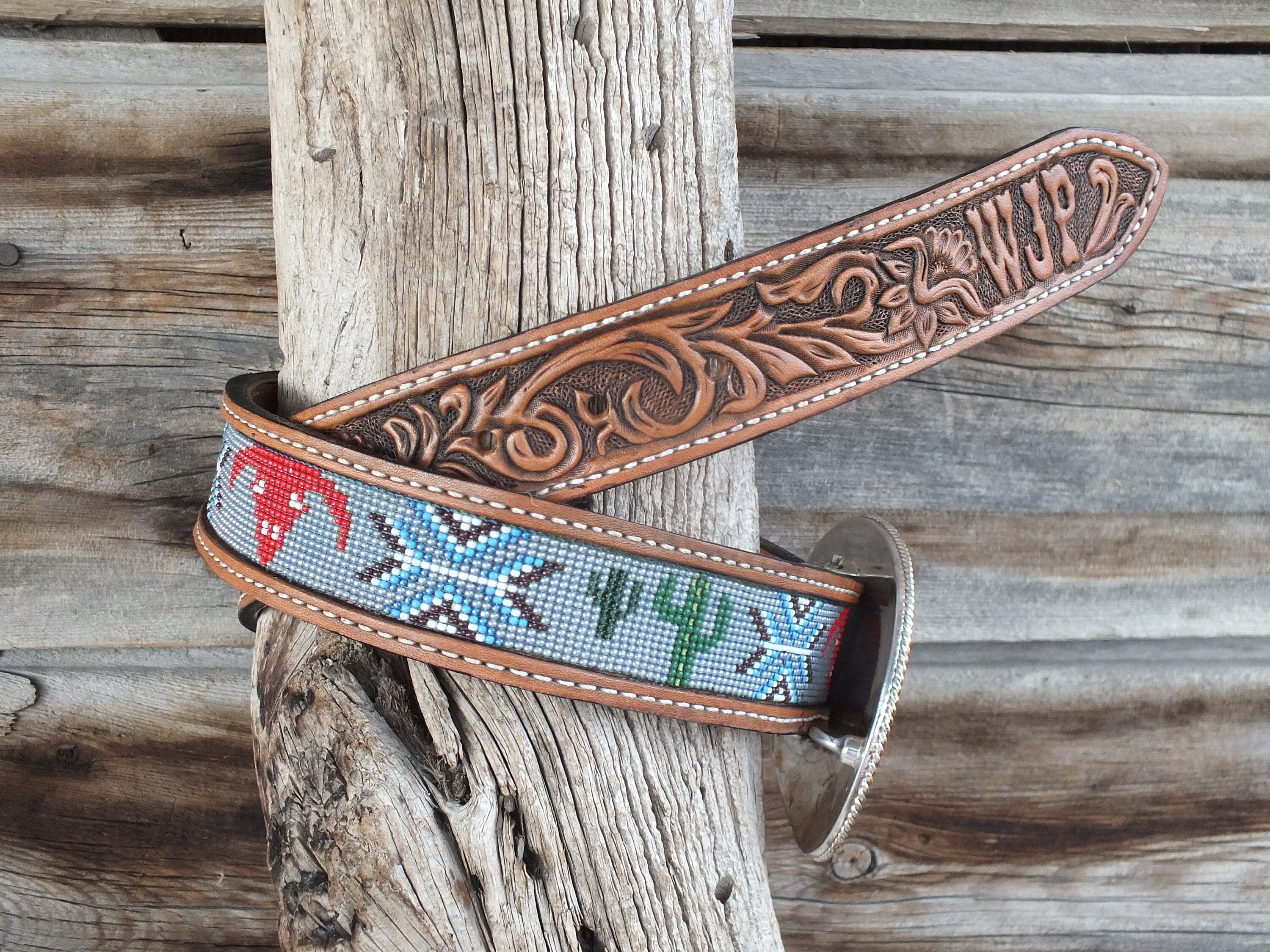 Western Leather Inlay Beaded Belt - Etsy