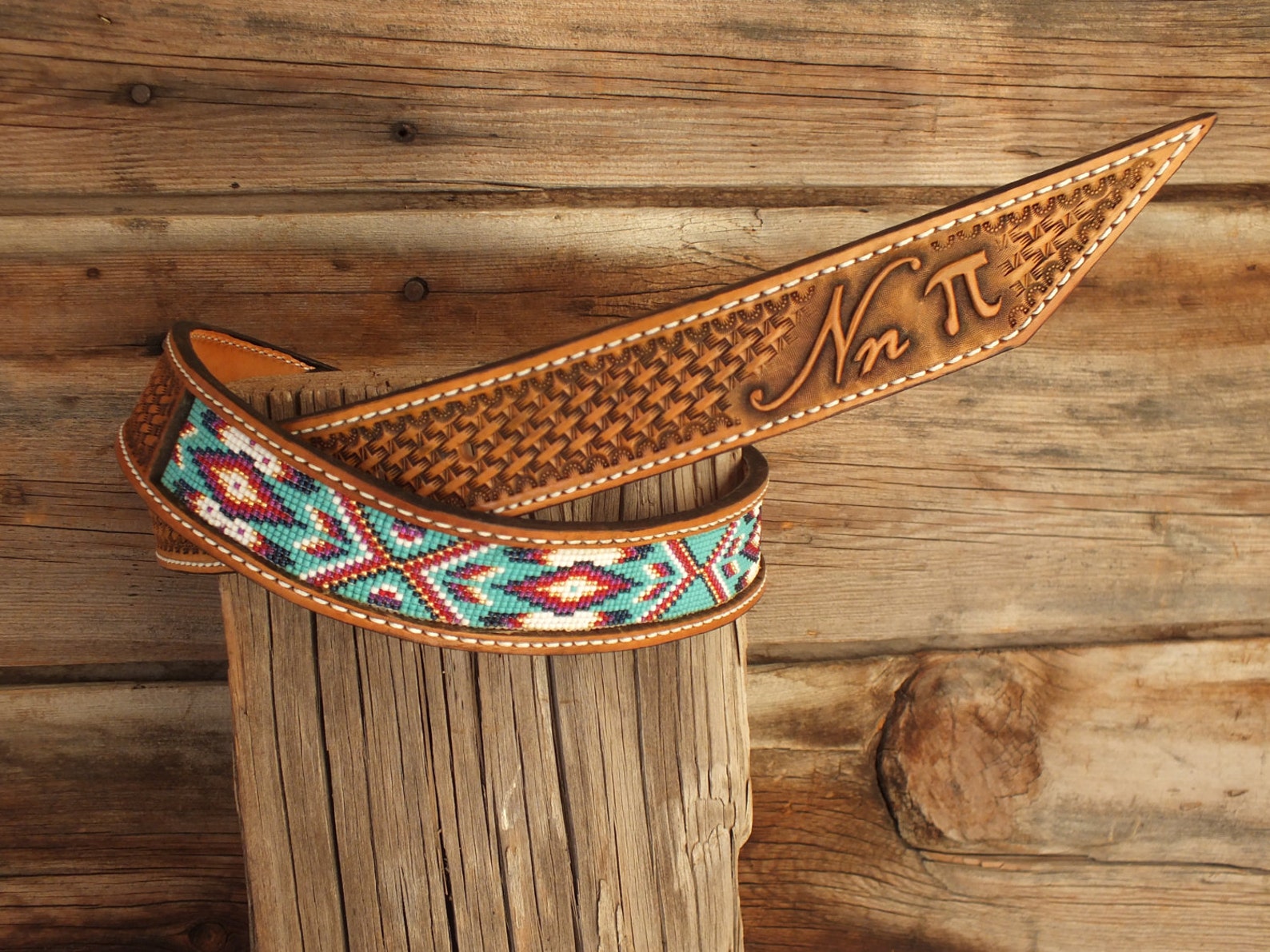 Western Leather Inlay Beaded Belt | Etsy