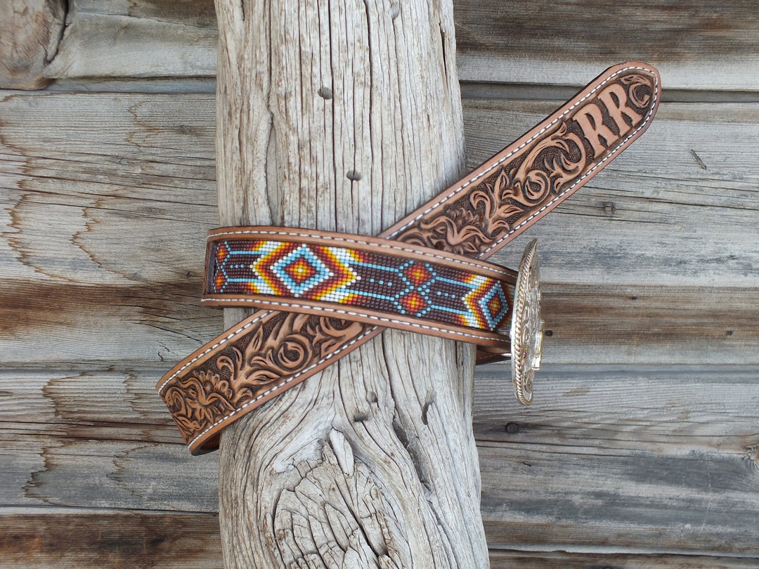 Western Leather Inlay Beaded Belt - Etsy