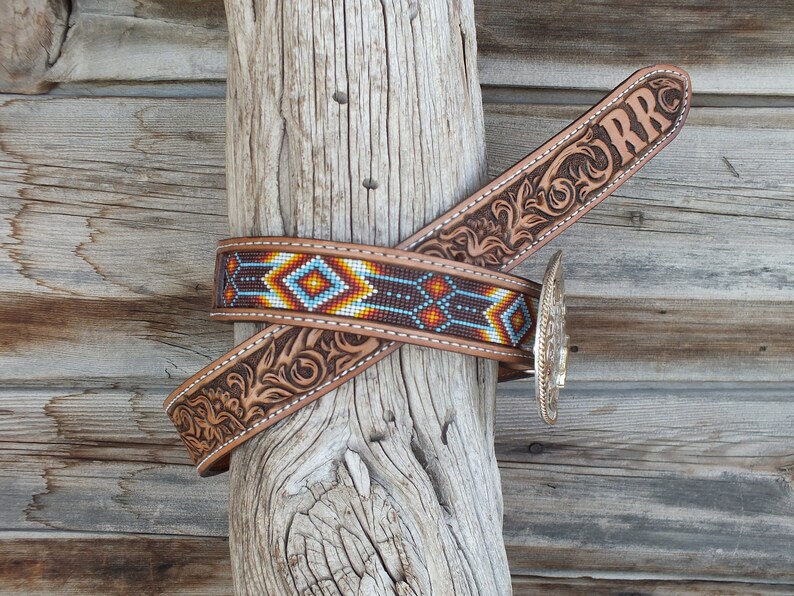 Western Leather Inlay Beaded Belt | Etsy
