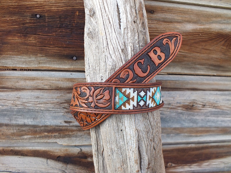 Western Leather Inlay Beaded Belt - Etsy