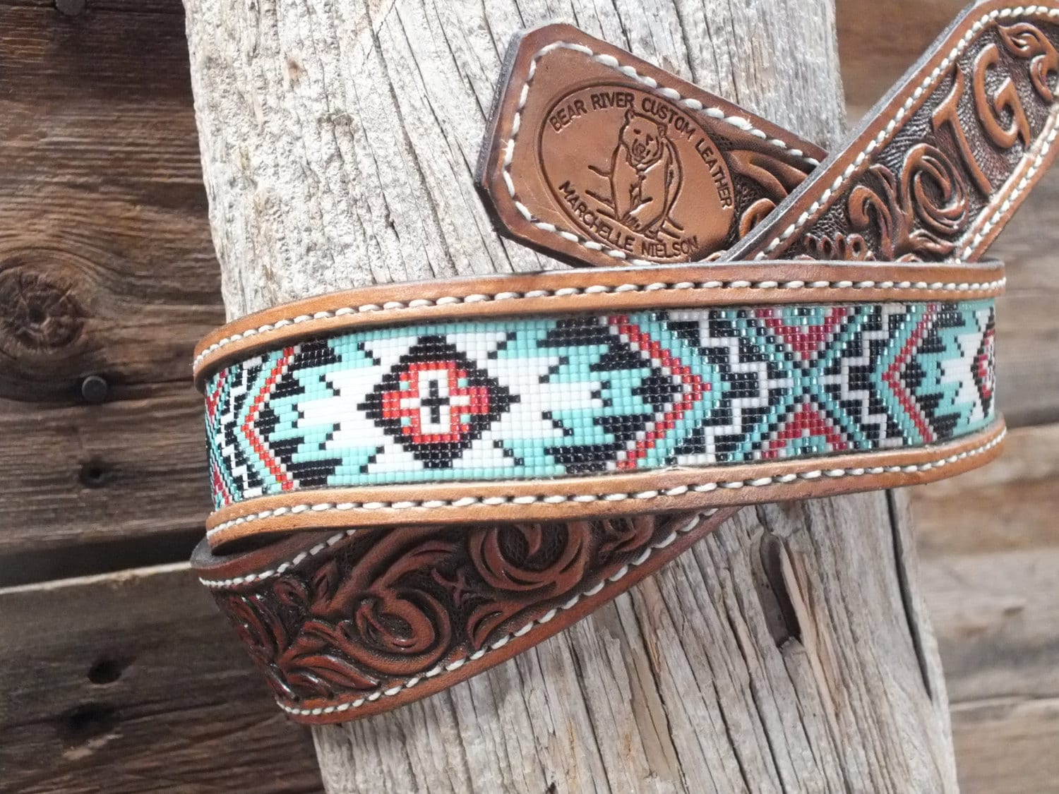 Western Leather Inlay Beaded Belt | Etsy