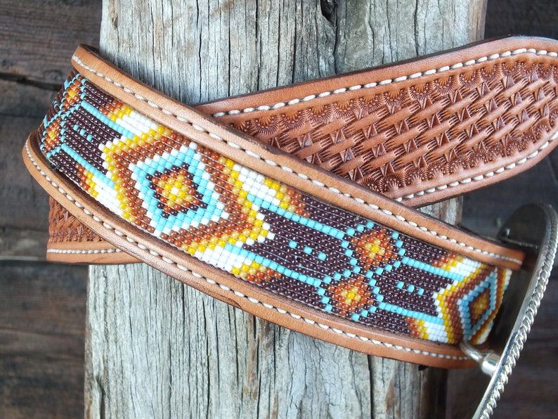 Western Leather Inlay Beaded Belt | Etsy