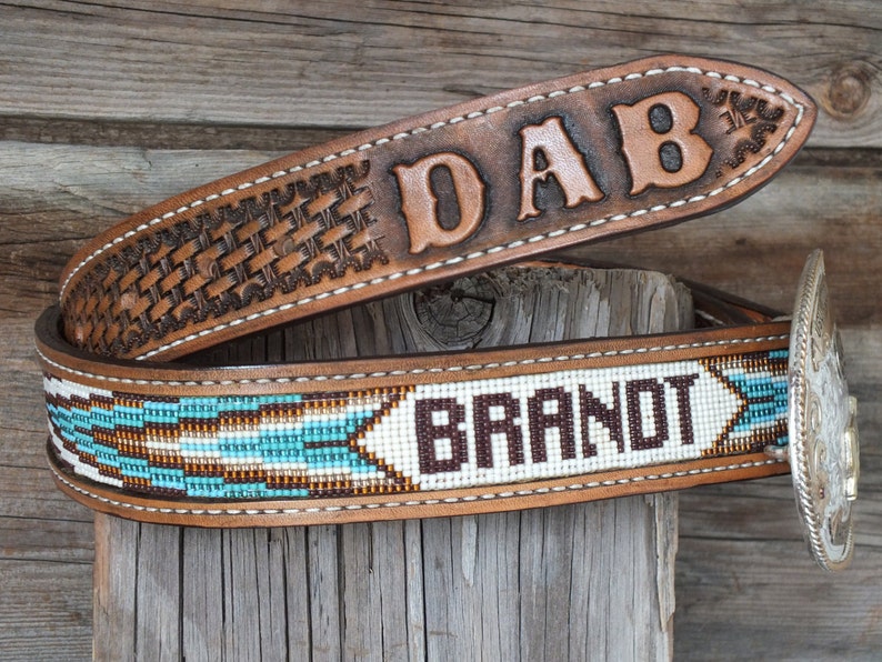 Western Leather Inlay Beaded Belt | Etsy