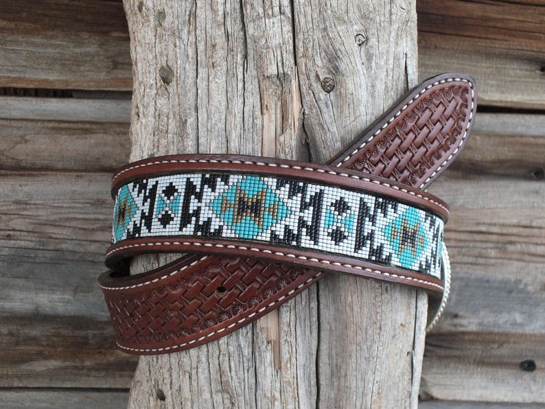 Western Leather Inlay Beaded Belt - Etsy