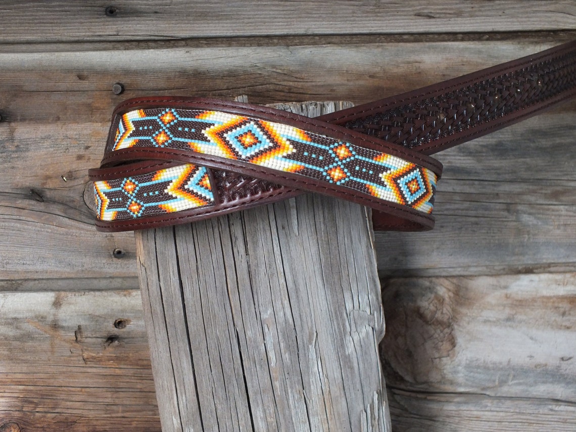 Western Leather Inlay Beaded Belt | Etsy