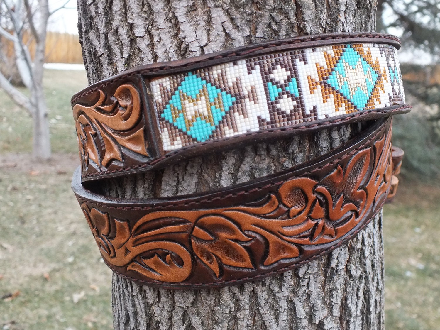 Western Leather Inlay Beaded Belt | Etsy