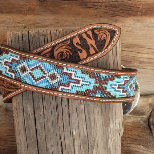Western Leather Inlay Beaded Belt - Etsy
