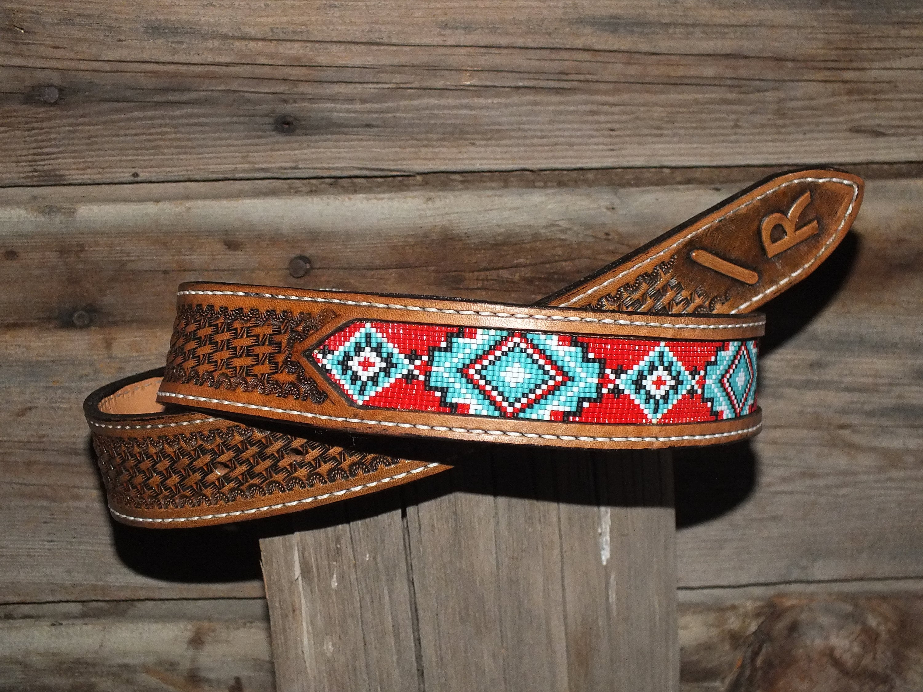 Western Leather Beaded Belt - Etsy