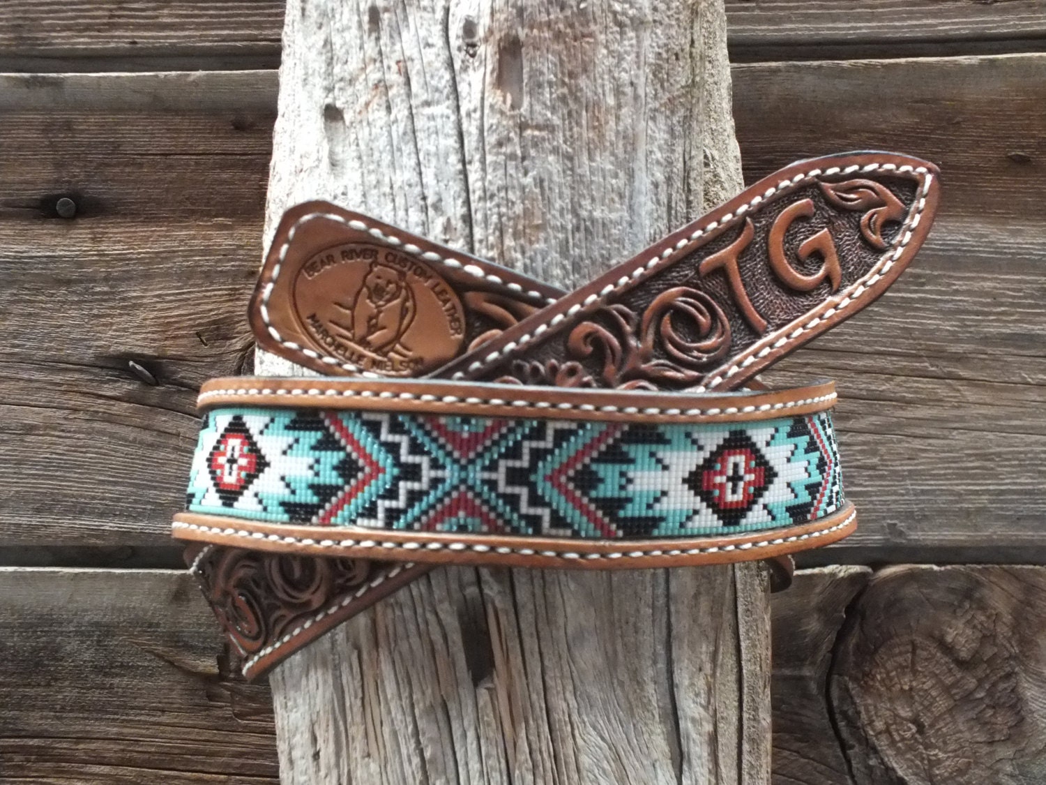 Western Leather Inlay Beaded Belt | Etsy
