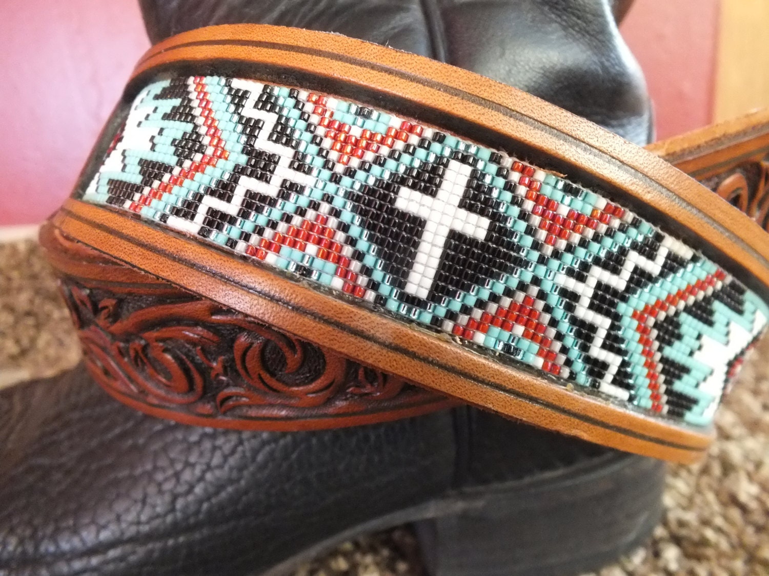 Western Leather Inlay Beaded Belt - Etsy Canada