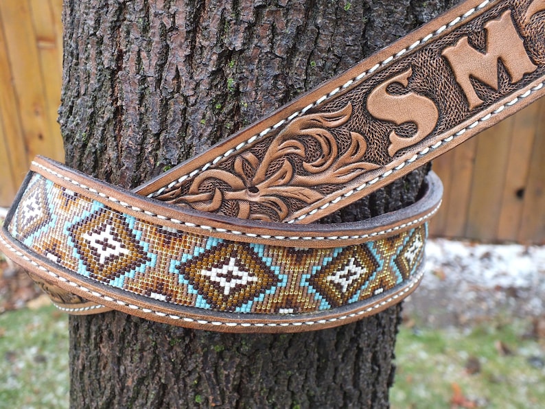 Western Leather Inlay Beaded Belt - Etsy