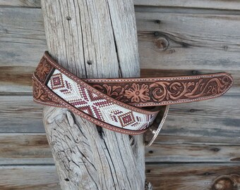 Western Leather Inlay Beaded Belt | Etsy
