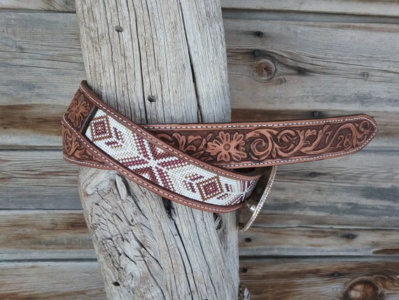 Western Leather Inlay Beaded Belt | Etsy
