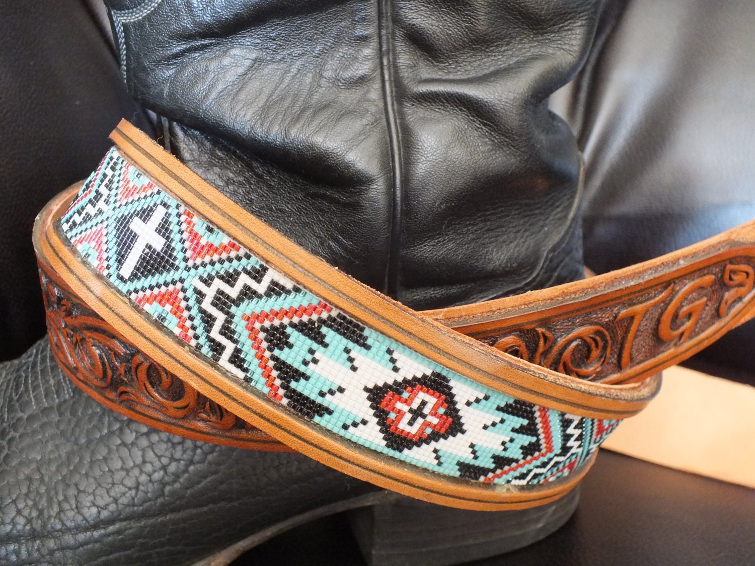 Western Leather Inlay Beaded Belt | Etsy