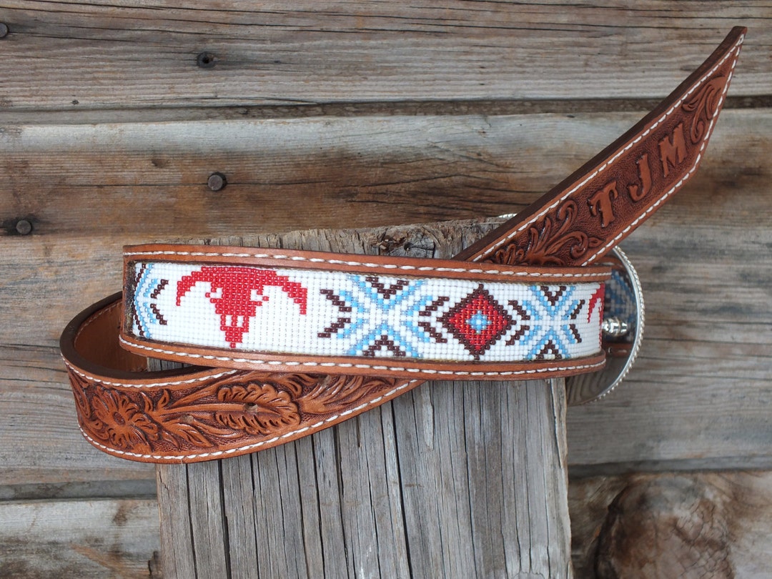 Western Leather Inlay Beaded Belt - Etsy