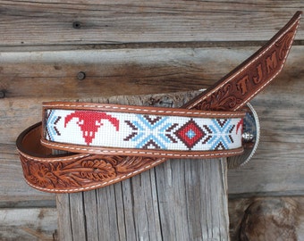 Western Leather Inlay Beaded Belt | Etsy